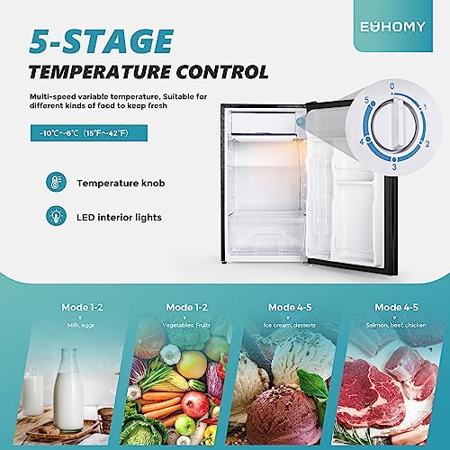 EUHOMY 3.2 Cu.Ft Mini Fridge with Freezer, Single Door Compact Refrigerator, LED light, Adjustable Thermostat, Mini Refrigerator Energy Saving, Mini fridge for Bedroom, Dorm, Office, Black