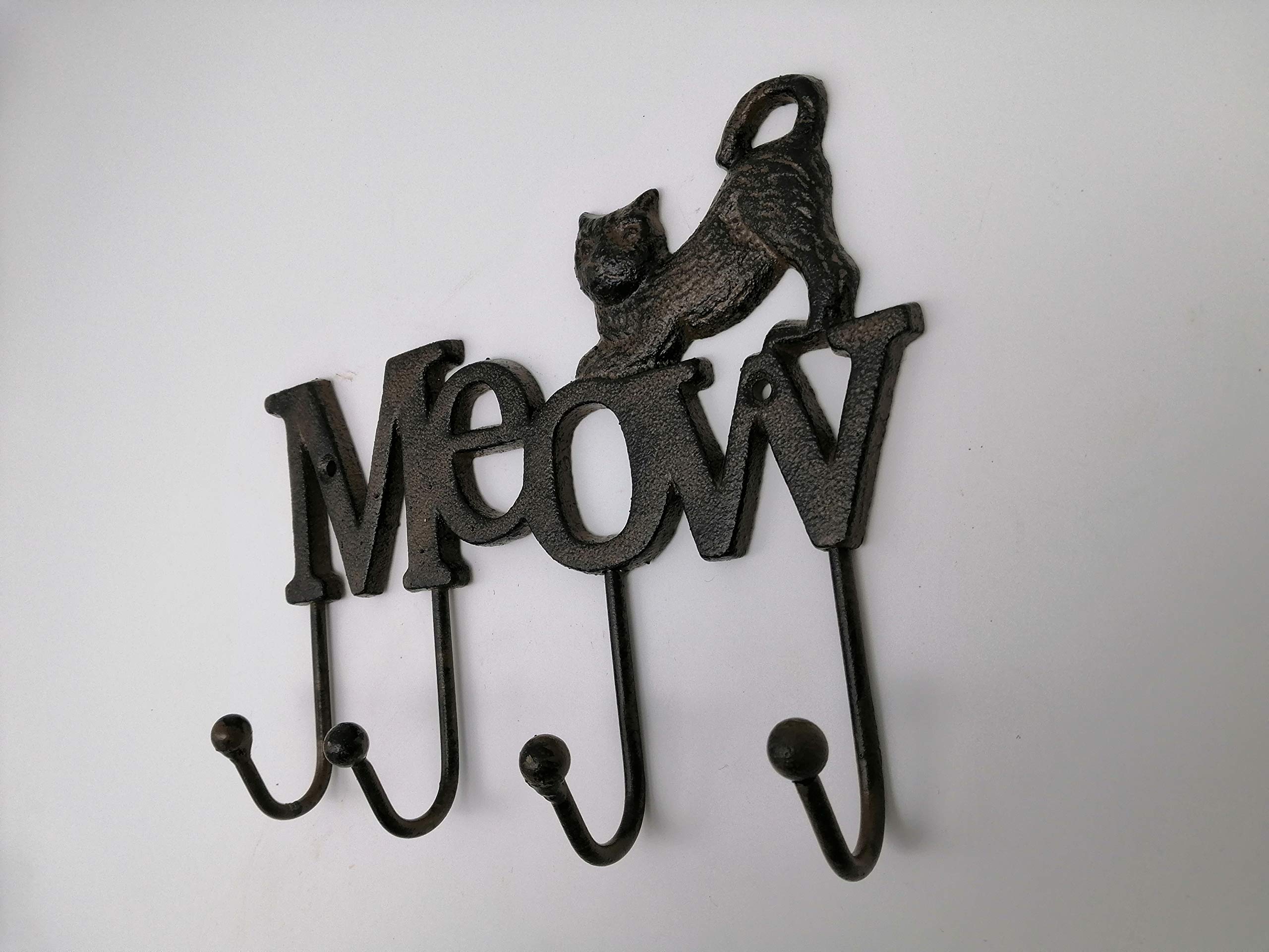 Comfy Hour Antique and Vintage Animal Collection 6" Cast Iron Cat Meow Four Key Hooks Key Chain Wall Hanger