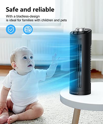 Cofeow Tower Fan, 2023 New Portable Electric Desk Fan, 70°Oscillating, 20ft/s Quiet Cooling, 13 Inch, Standing Table Fan with 3 Modes, Bladeless fan for Bedroom, for Office Desktop Deep Black