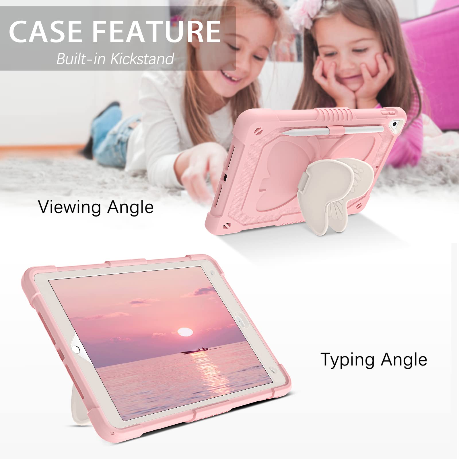 DUEDUE for iPad 10.2 9th/8th/7th Generation Case 2021/2020/2019, Butterfly Wings Kickstand with Pencil Holder Heavy Duty Rugged Shockproof Case for New Apple iPad Air 3 10.5, Beige/Pink