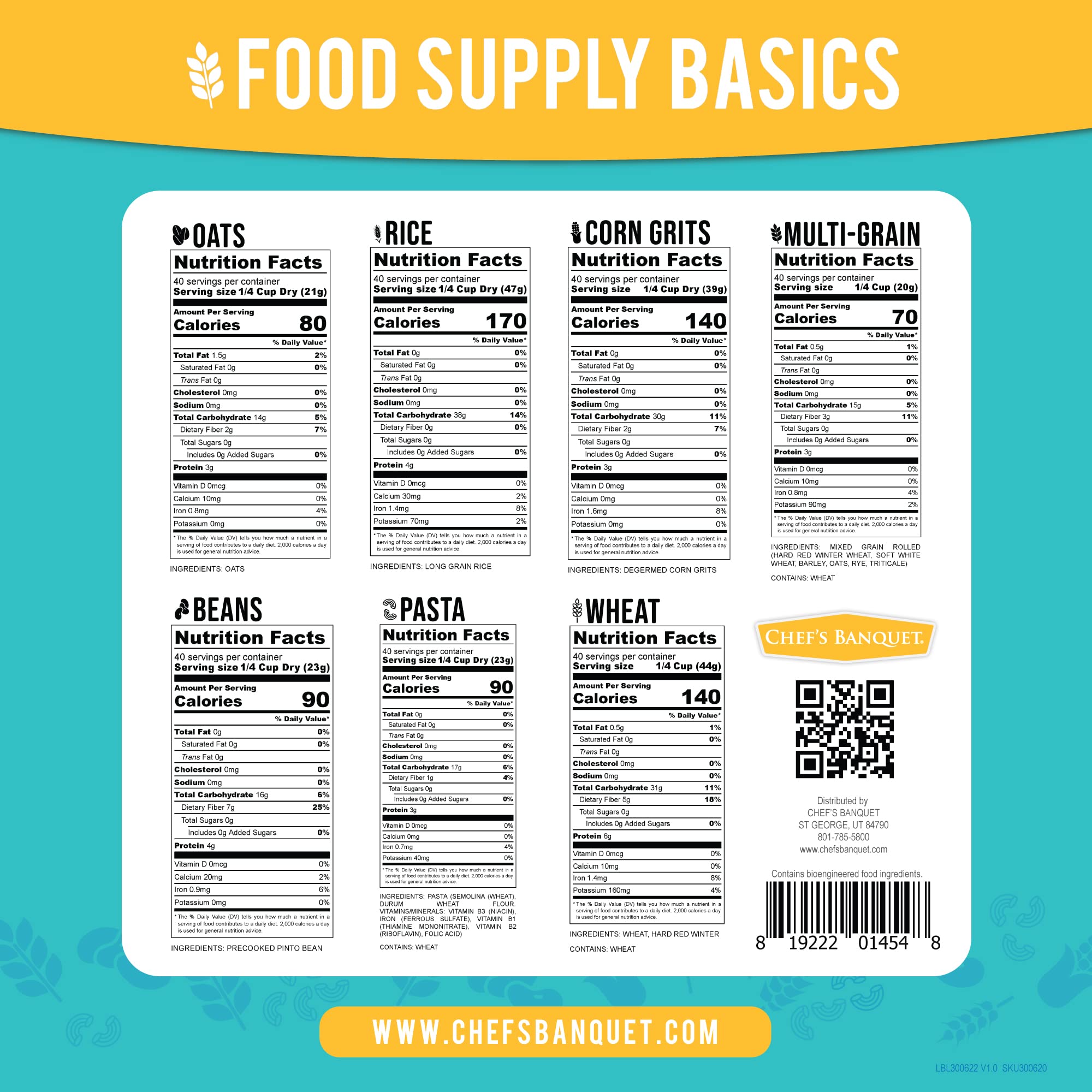 Chef's Banquet Emergency Food Supply Basics 7 Essentials (oats, rice, corn, multi-grain cereal, beans, pasta, wheat) House and Home survival food kit, Shelf Life: 25 year to 30 year