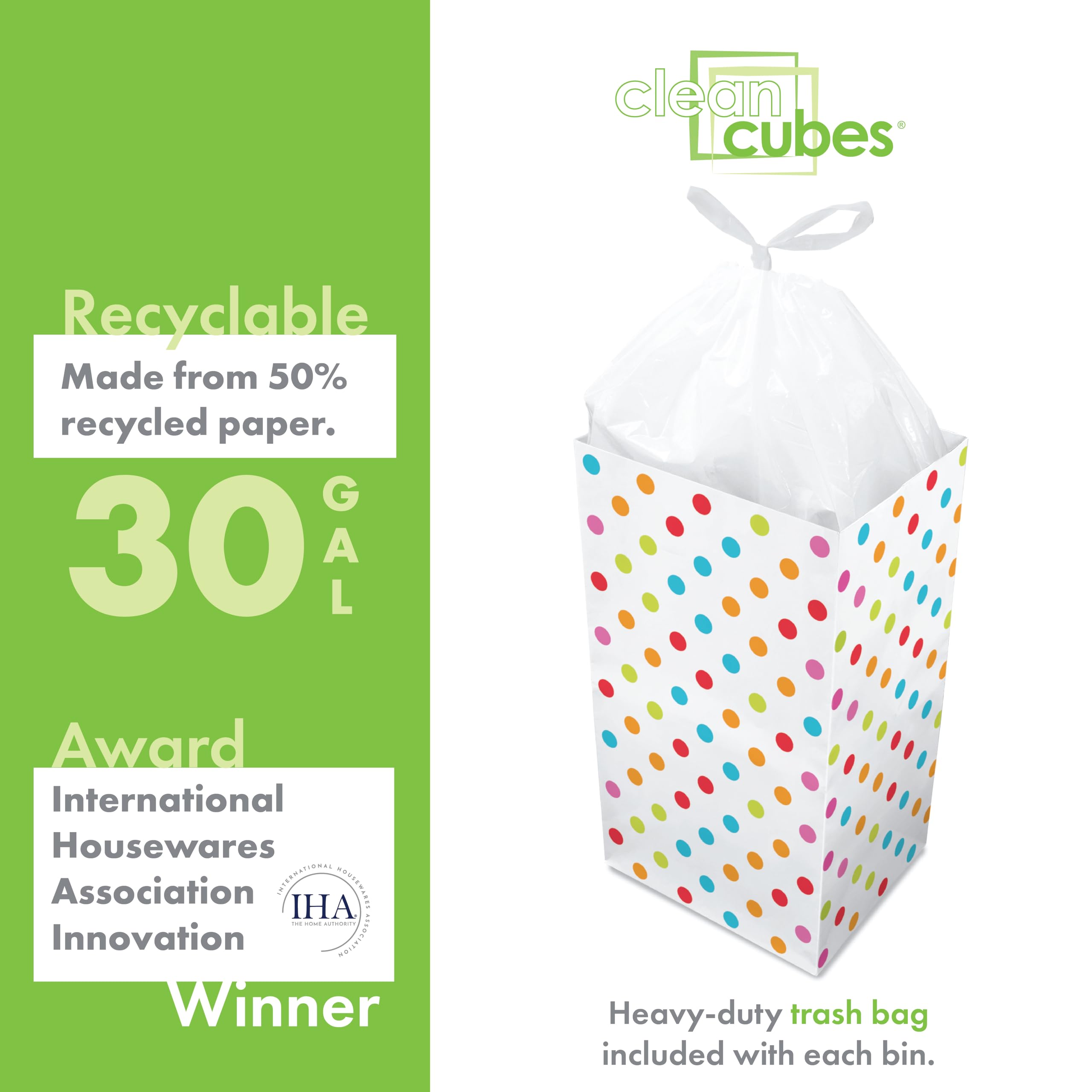 Clean Cubes 30 Gallon Disposable Trash Cans (3-Pack). Reusable Garbage and Recycling Bins for Parties, Events, and More (Polka Dot - 30” Height x 17” Width x 14” Depth)