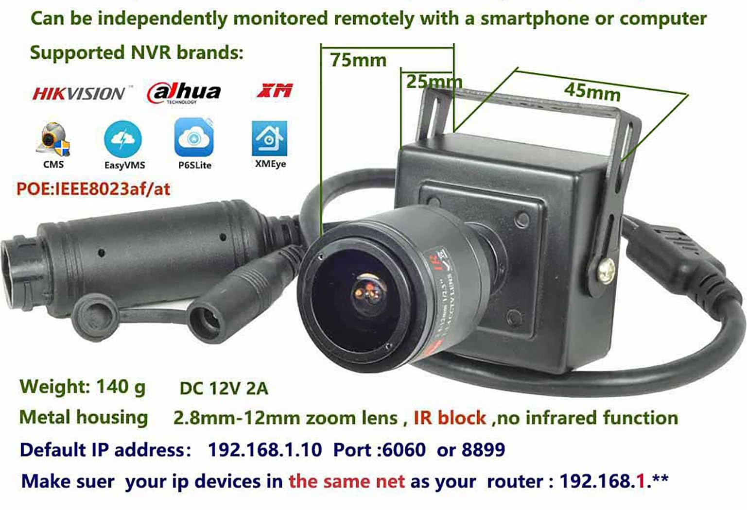 BlueFishCam 4MP Mini POE IP Camera Security 2.8-12mm Varifocal IP Network Camera Manual Zoom Lens Hidden Camera Indoor Security Surveillance CCTV System (4MP)