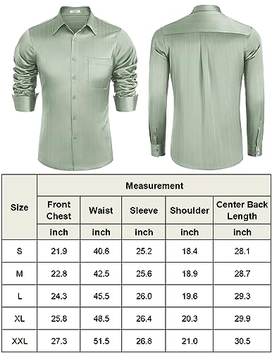 COOFANDY Button Down Shirts for Men Satin Silk Luxury Long Sleeve Shirt Party Wedding Prom (Light Green, Large)
