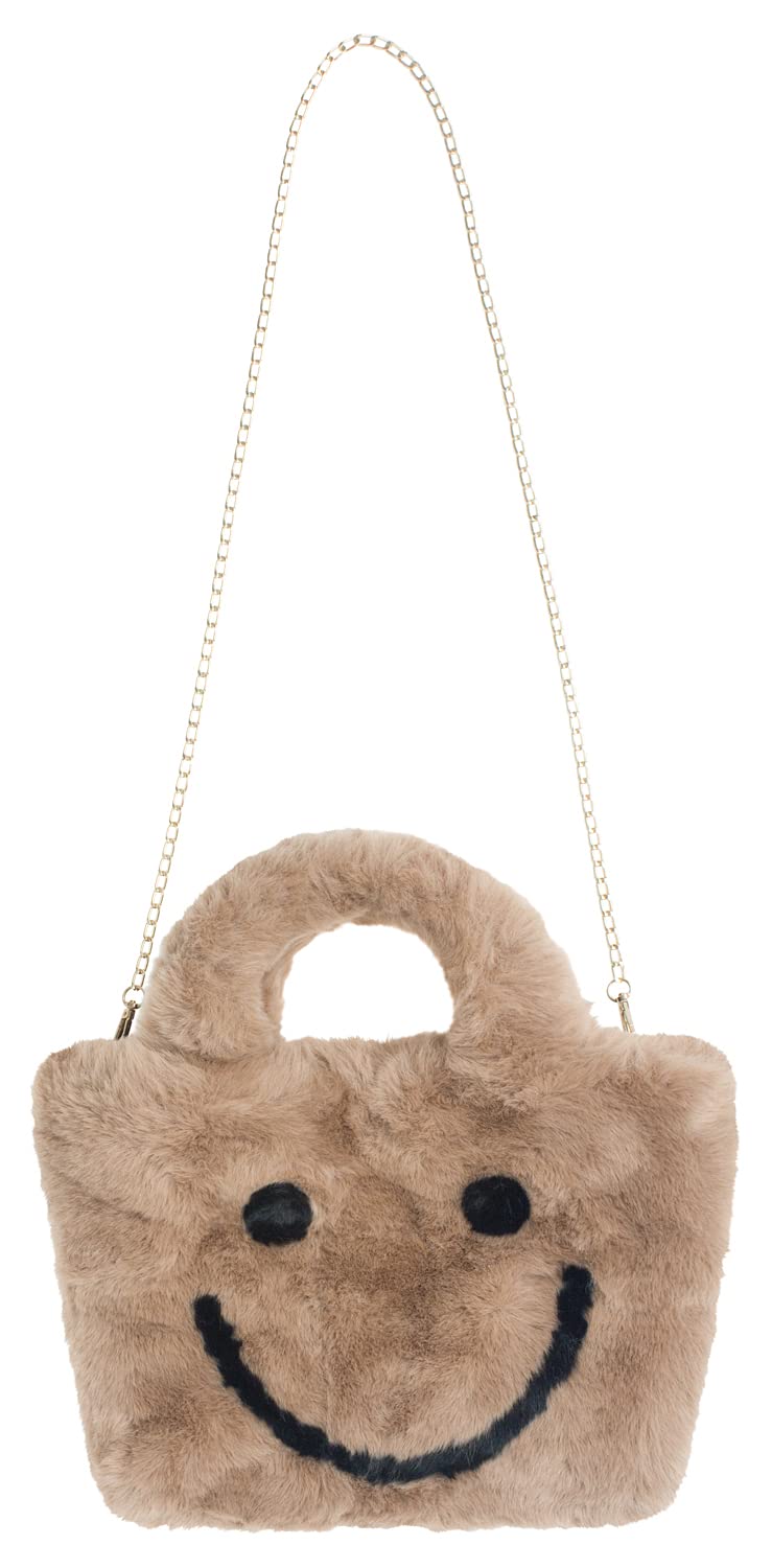 AnnaKastle Womens Soft Eco Fur Smile Fuzzy Mini Tote Bag Purse Yellow