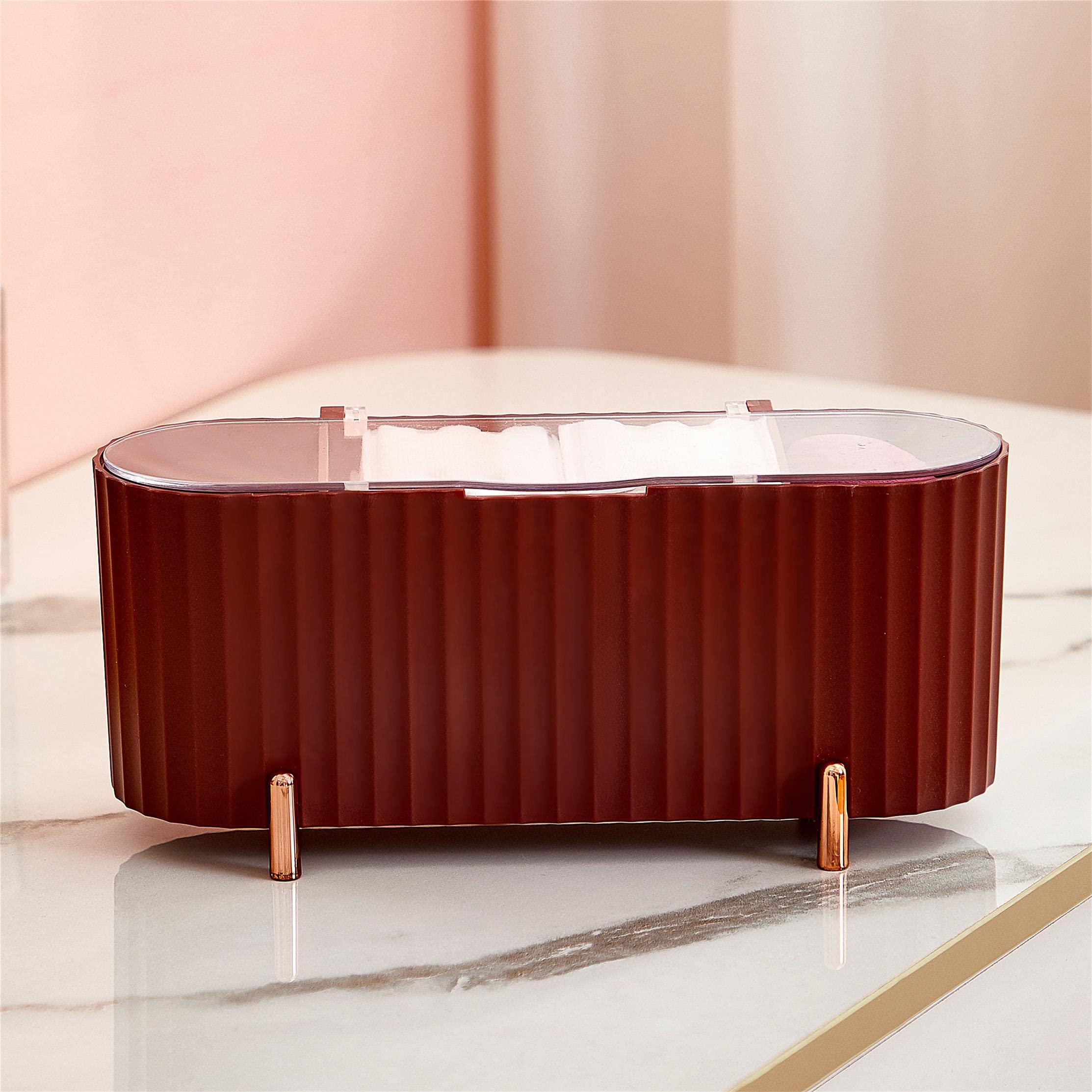 FKOG Dark Red Qtips Holder, Cotton Swab Holder Multi-functional Bathroom Storage Organizer, Detachable 3 Grids Separate Cotton Swabs Dispenser for Cotton Ball Cotton Pads Swabs Ball Floss (Dark Red)