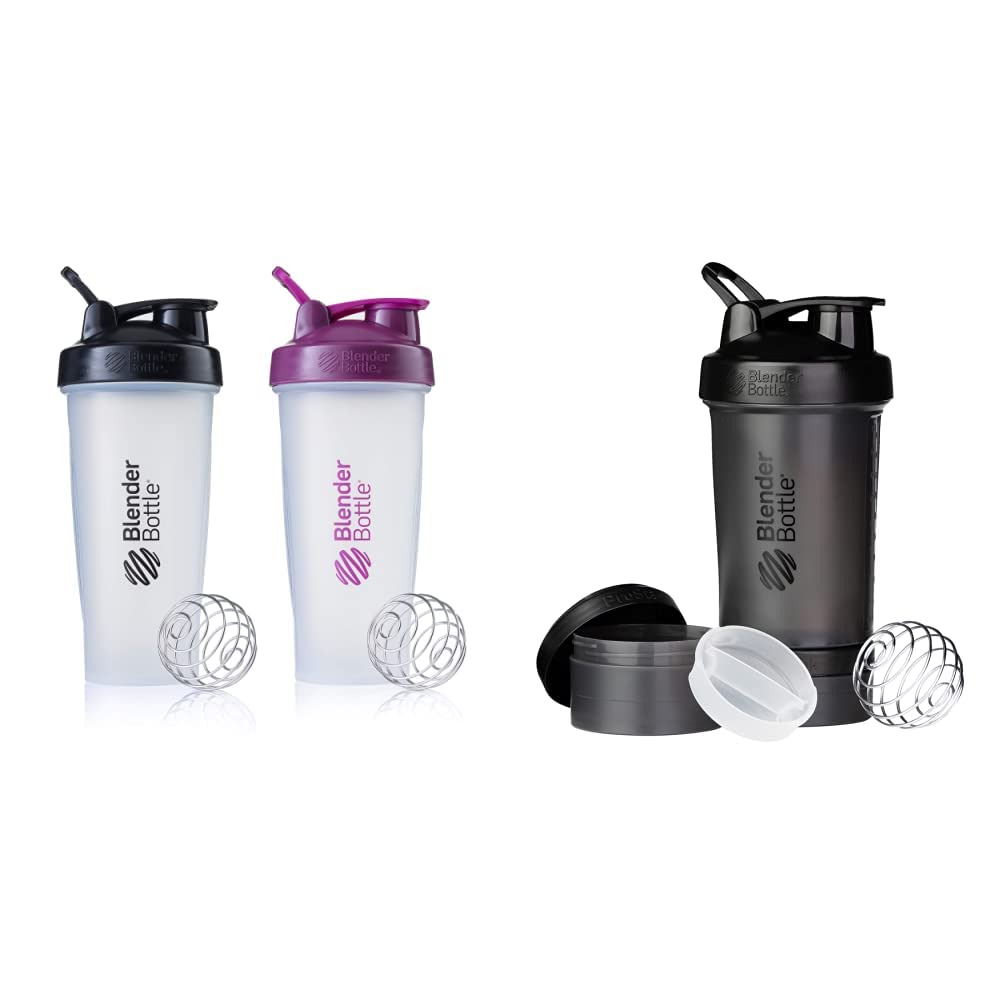 BlenderBottle Classic Shaker Bottle, 28 Ounce (Pack of 2) & Shaker Bottle with Pill Organizer and Storage for Protein Powder, ProStak System, 22-Ounce, Black