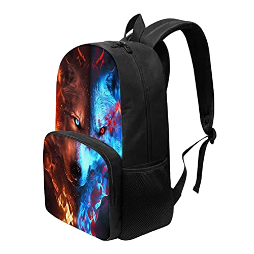 DMOYALA Cool Boys Backpack Fire and Ice Wolf Backpacks Girls Wolf School Bookbag Wolf School Bag Casual Lightweight School Backpack 17 Inch Backpack for 8-12