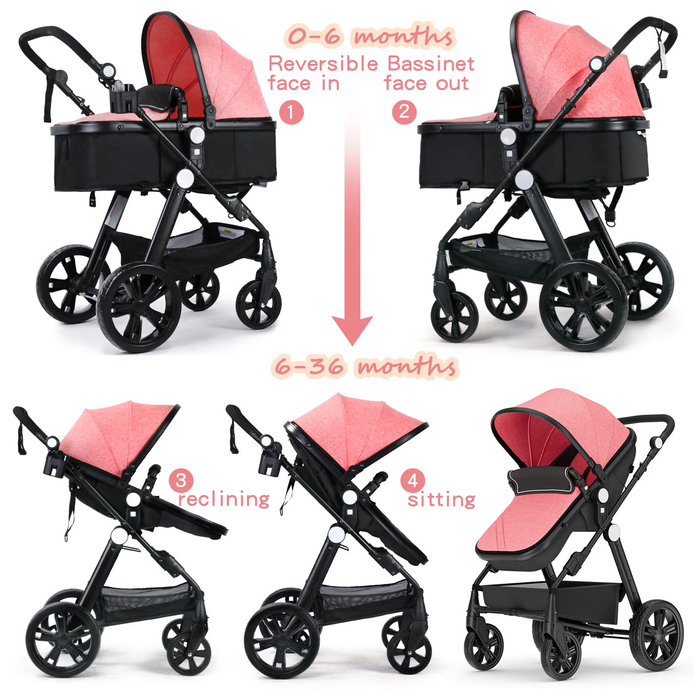 Baby Stroller Infant Bassinet Stroller Toddler Reversible Seat Pram Foldable Pushchair with Adjustable Canopy Backrest and Pusher, Suspension Wheels Fit All Terrains, Cup Holder (PINK)