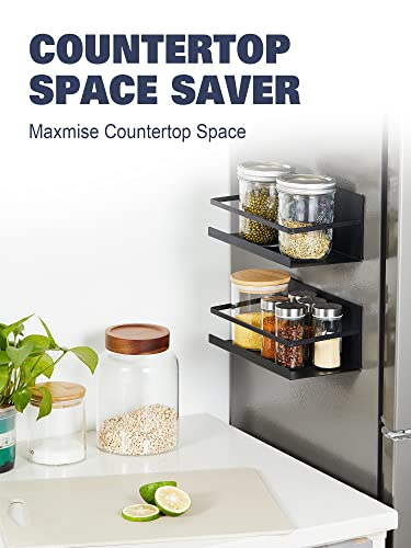 BRONYPRO Magnetic Spice Rack, 2 Pack Magnetic Shelf for Refrigerator, Large Spice Rack, Space Saver for Small Kitchen, Hanging Magnetic Storage With 4 Hooks, for Spices, Plates, Books, Plants(Black)
