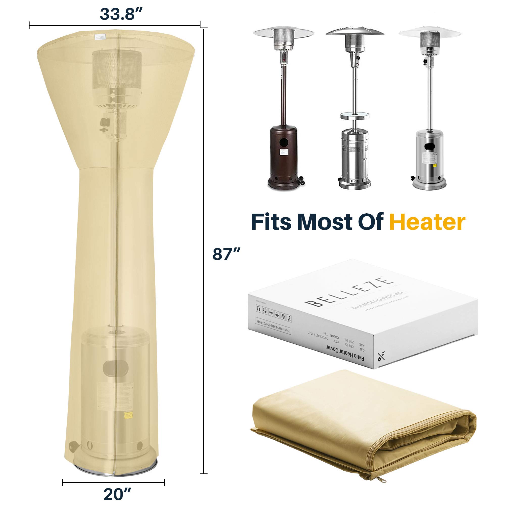 BELLEZE Patio Heater Cover with Zipper, Waterproof High-Density Polyester Single-Side Outdoor Heater Cover, Dustproof,UV-Resistant,Standup Round Universal Design - 87" H x 33.8" D x 20" B (Sand)