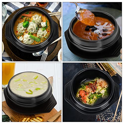 Ceramic Korean Pot Bibimbap Soup Bowl Set Bibimbap Casserole Pot Dolsot Korean Bowl with Lid and Trivet for Home Kitchen Dinnerware Serveware Black