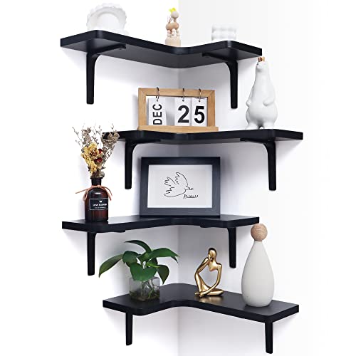 Corner Floating Shelves Set of 4 | Corner Wall Shelves | Wall Mounted Corner Storage Display Shelving for Bathroom, Bedroom, Living Room, Kitchen | 16" W x 11-2/5" D | L-Shaped, Matte Black