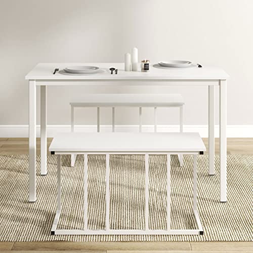 DlandHome 47'' Dining Table Set for 4, Kitchen Table Set Dining Table and 2 Benches, Kitchen Table and Benches, 3 Pieces Breakfast Table Set Dining Table with Bench Dining Room Bench Set, White