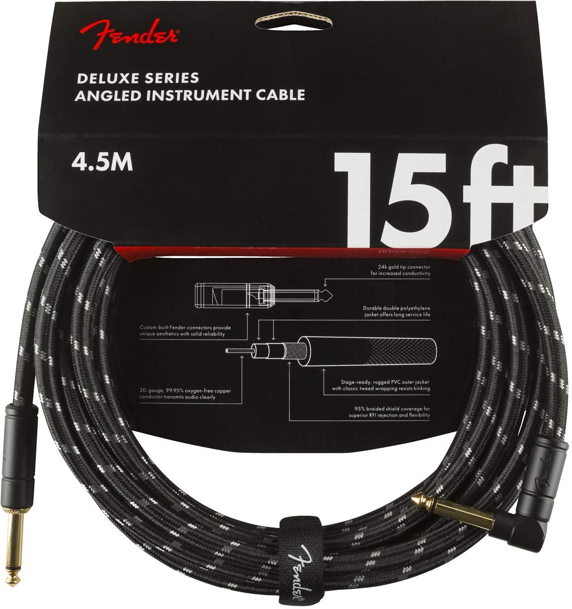 Fender Deluxe Series Instrument Cables, Straight/Angle, Black Tweed and Tweed, 15ft