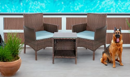 BTEXPERT Space Saving Outdoor Wicker Conversation 3 Piece Bistro Set Garden Patio Yard Porch Furniture Pe Rattan Two Chairs Cushions Side Storage Table Brown/Aqua Blue