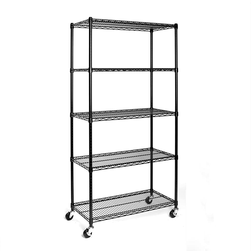 Karl home Heavy Duty 5-Tier Storage Shelving with Wheels, Adjustable Metal Shelves Wire Storage Rack for Garage Kitchen Basement,1100lbs Capacity 35.43" L X 17.72" W X 70.87" H, Black
