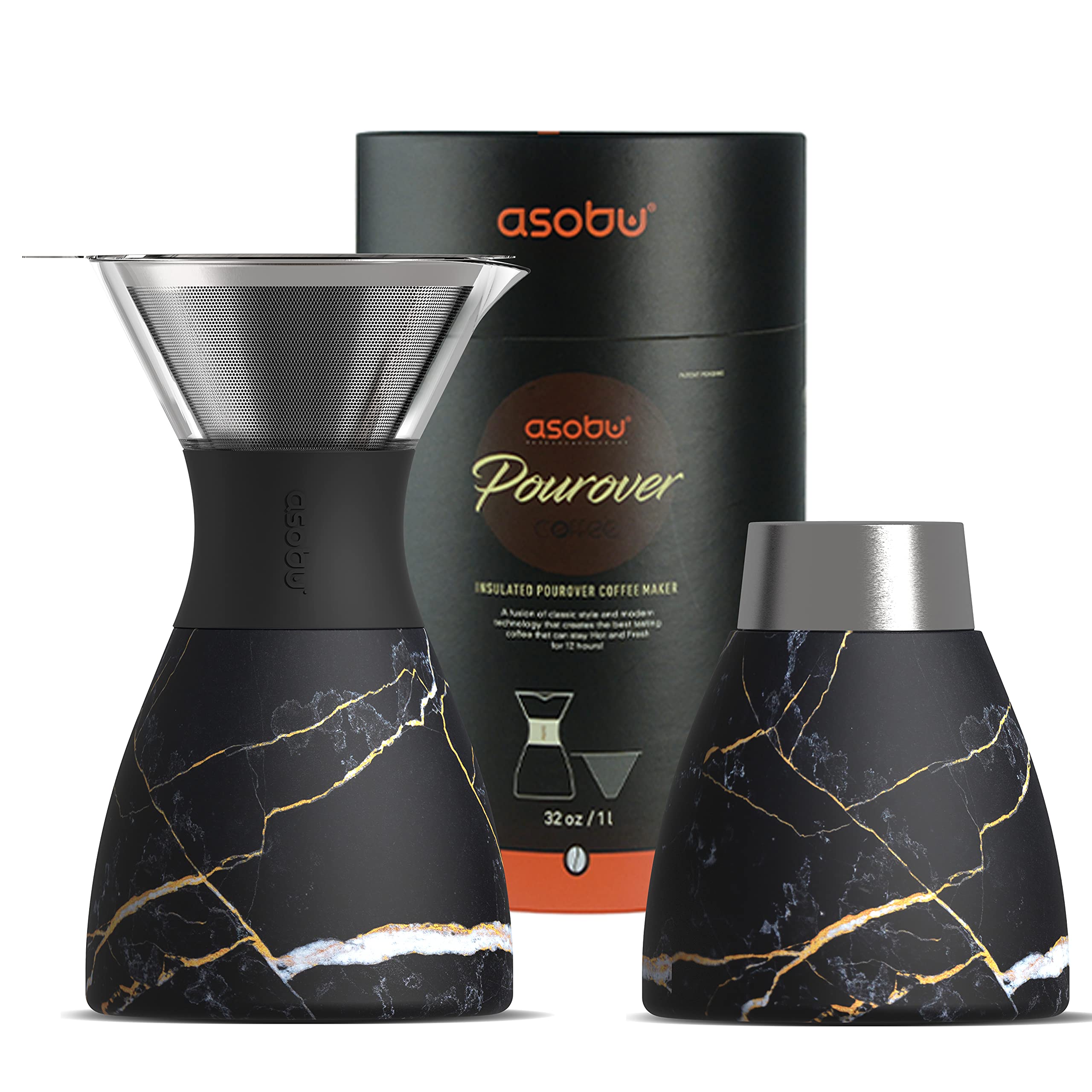asobu Insulated Pour Over Coffee Maker (32 oz.) Double-Wall Vacuum, Stainless-Steel Filter and Take on the Go Carafe (Aqua Pink Marble)