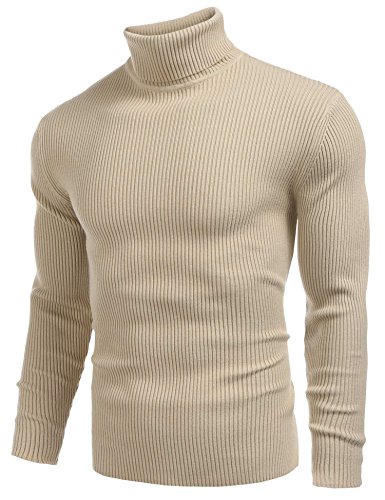 COOFANDY Mens Ribbed Slim Fit Knitted Pullover Turtleneck Sweater Khaki