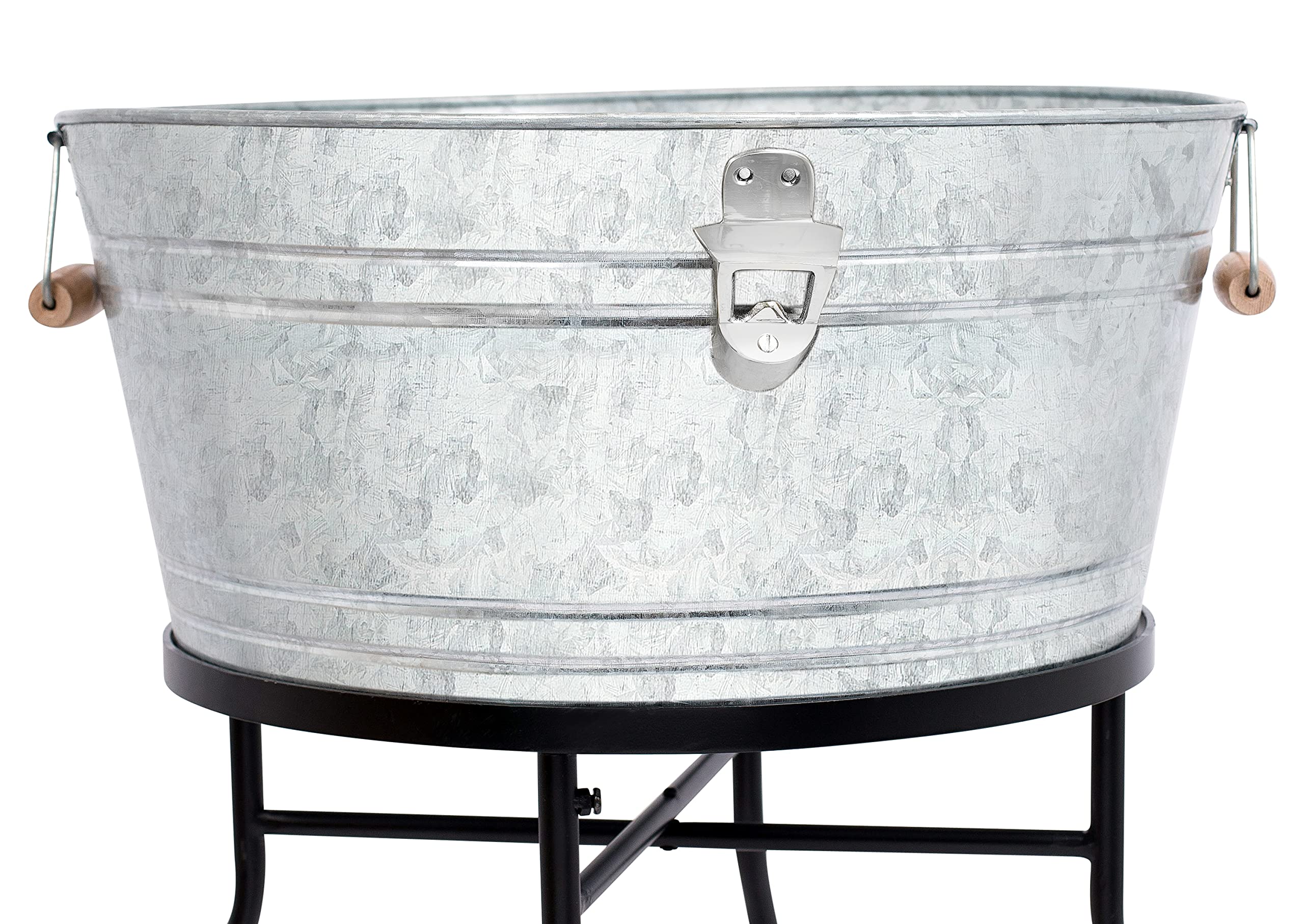 BirdRock Home Galvanized Beverage Tub with Stand - Bottle Opener - Party Drink Holder - Wooden Handles - Outdoor or Indoor Use - Free Standing