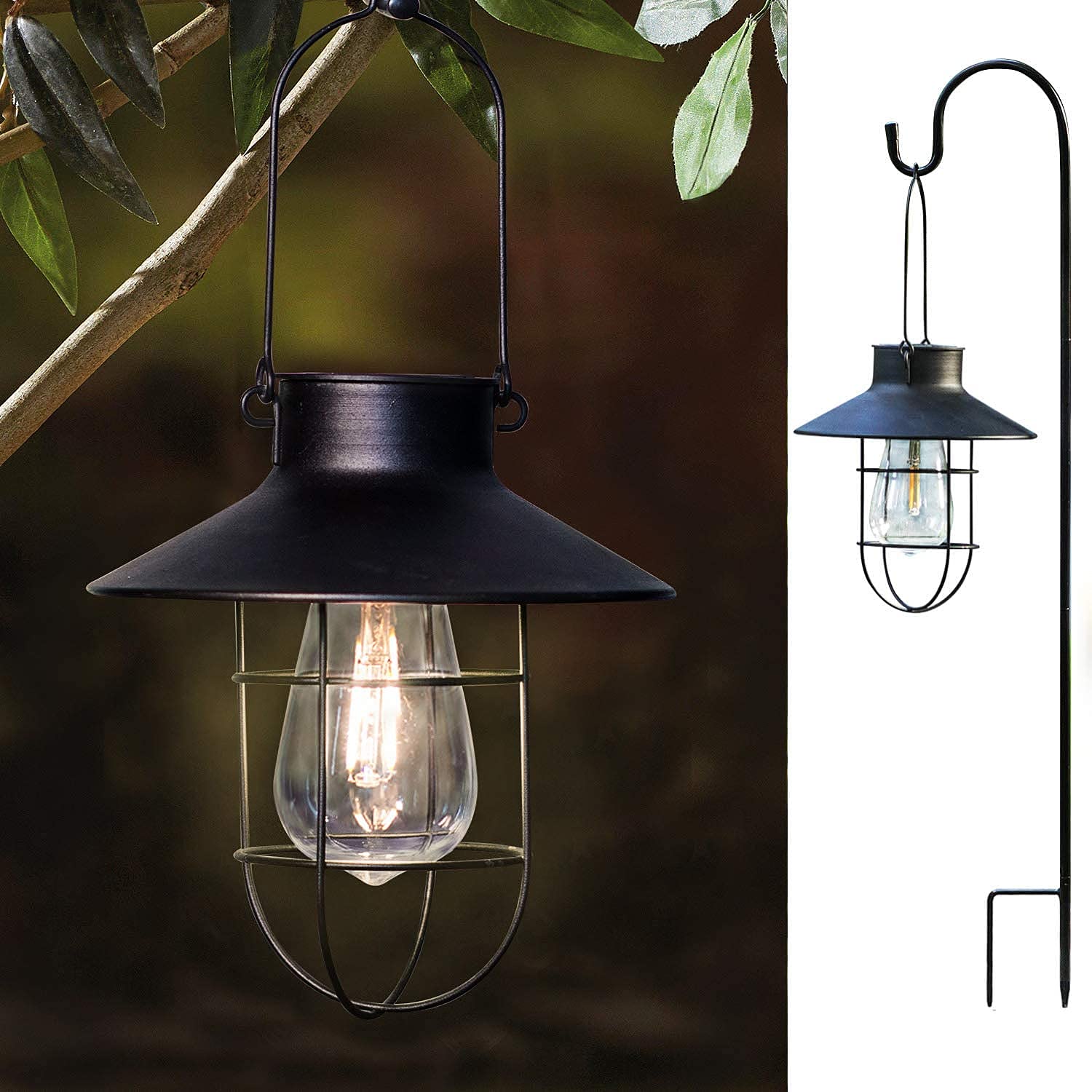 Hanging Solar Lights Lantern Lamp with Shepherd Hook,Metal Waterproof Edison Bulb Lights for Garden Outdoor Pathway (Black)