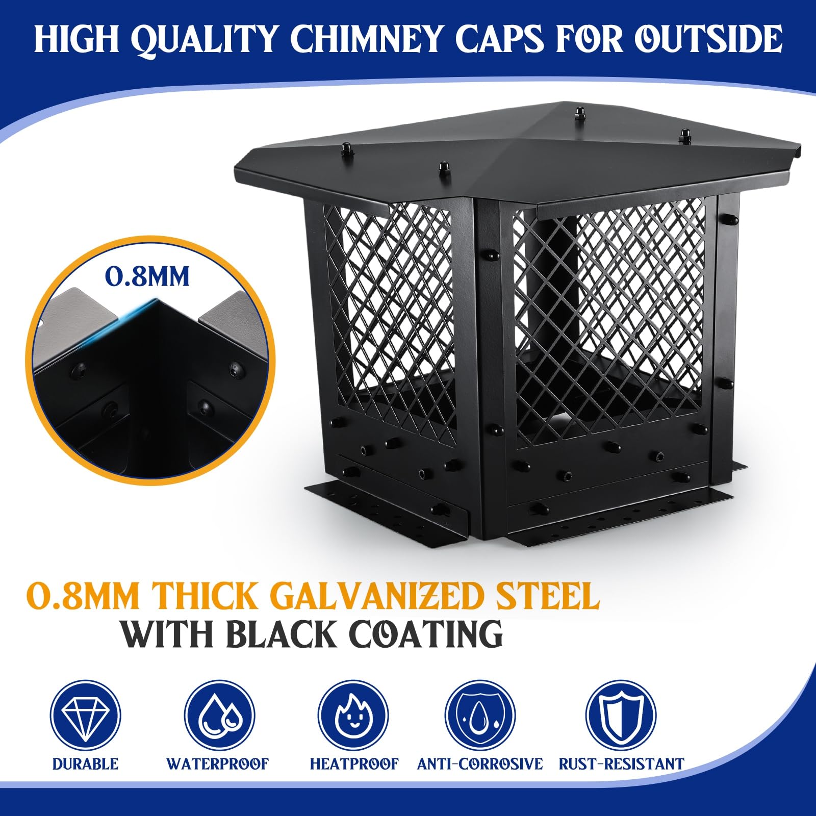 Blulu 9" x 9" Chimney Cap Galvanized Steel Chimney Cover Chimney Rain Cap Fireplace Chimney Cap for Outside Adjustable Bottom to Fit Existing Clay Flue Tile Sizes, Black
