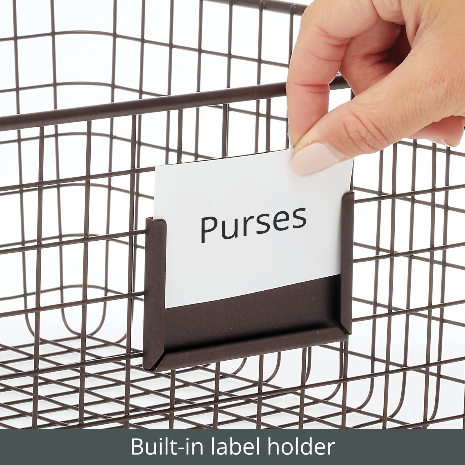 mDesign Wide Metal Farmhouse Storage Organizer Bin Baskets with Label Slot for Closet, Cabinet, Cupboard - Wire Organizing Basket Holds Clothing, Linens, Shoes, Omaha Collection, 4 Pack, Bronze