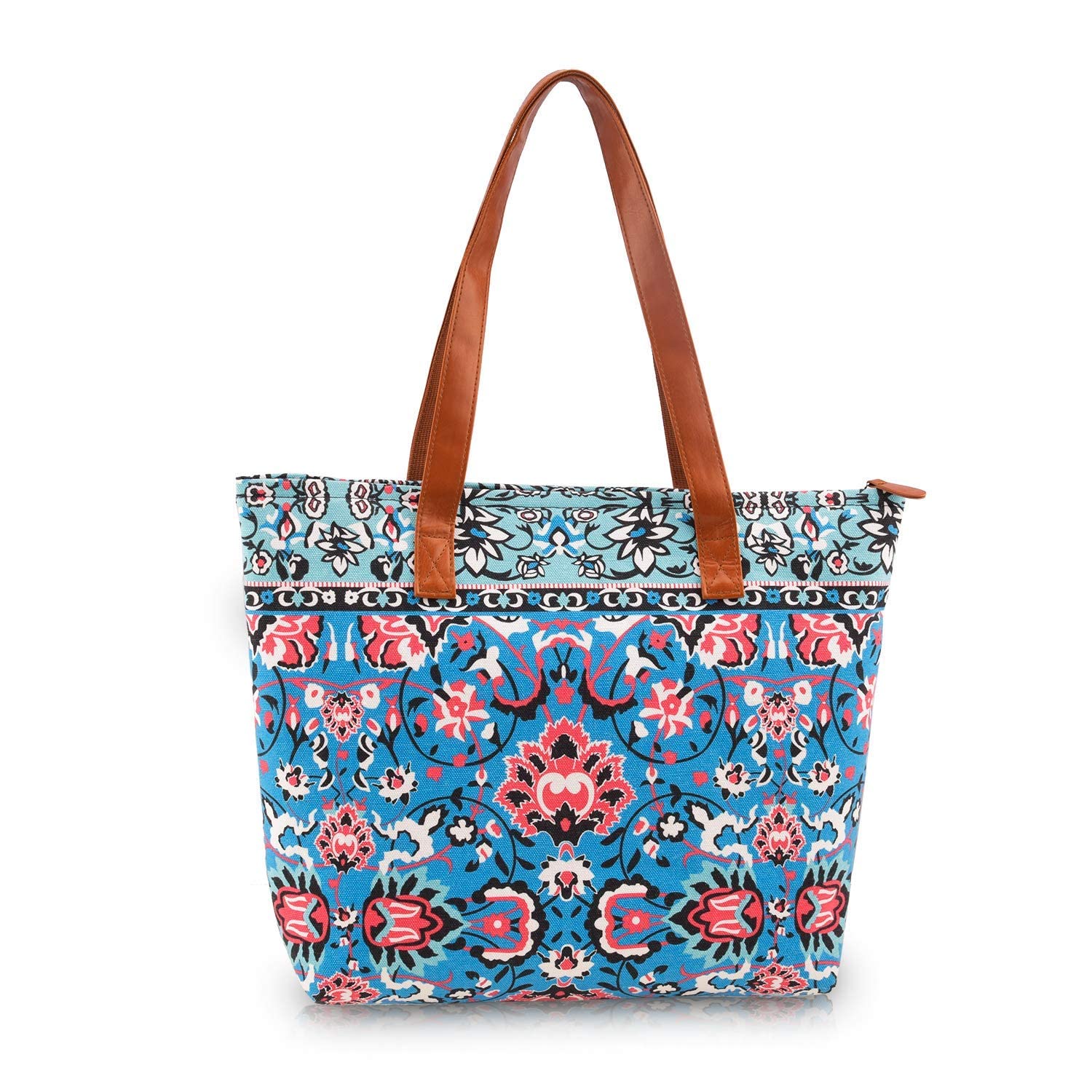 DEMOMENT Canvas Grocery Tote With Zipper for Women Lightweight Organizer Utility Bag For Travel Shopping Beach Work Gym (blue)