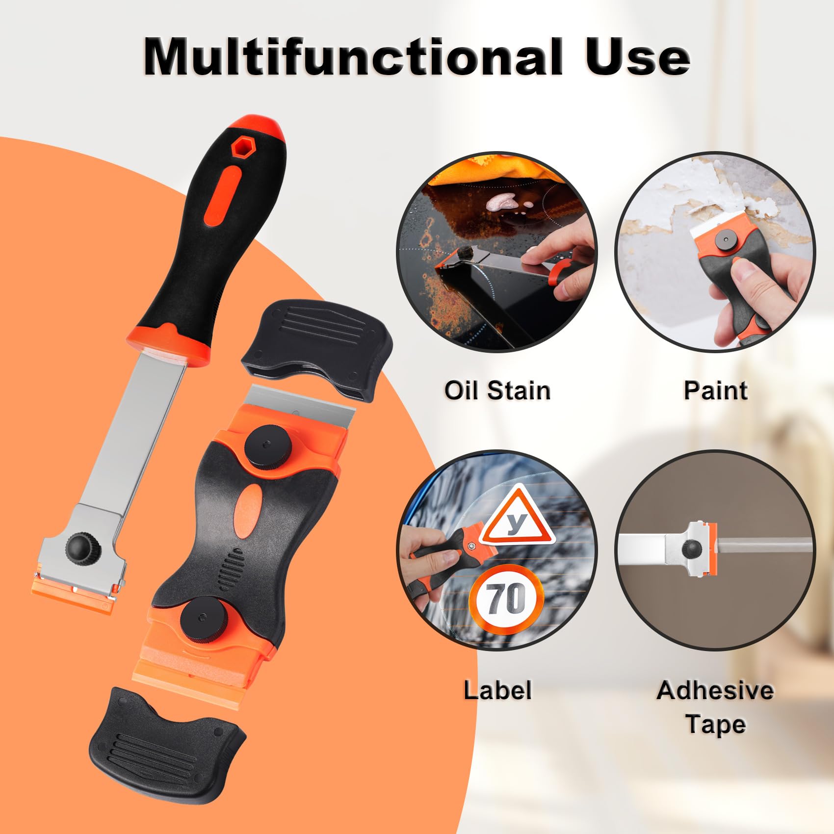 Kailund Razor Blade Scraper Tool 2 Pack, Double Edged Cleaning Razor Scraper Tool with 31 Pcs Metal & Plastic Razor Blades, Long Handle Glass Scraper for Paint|Decals|Stickers|Tint