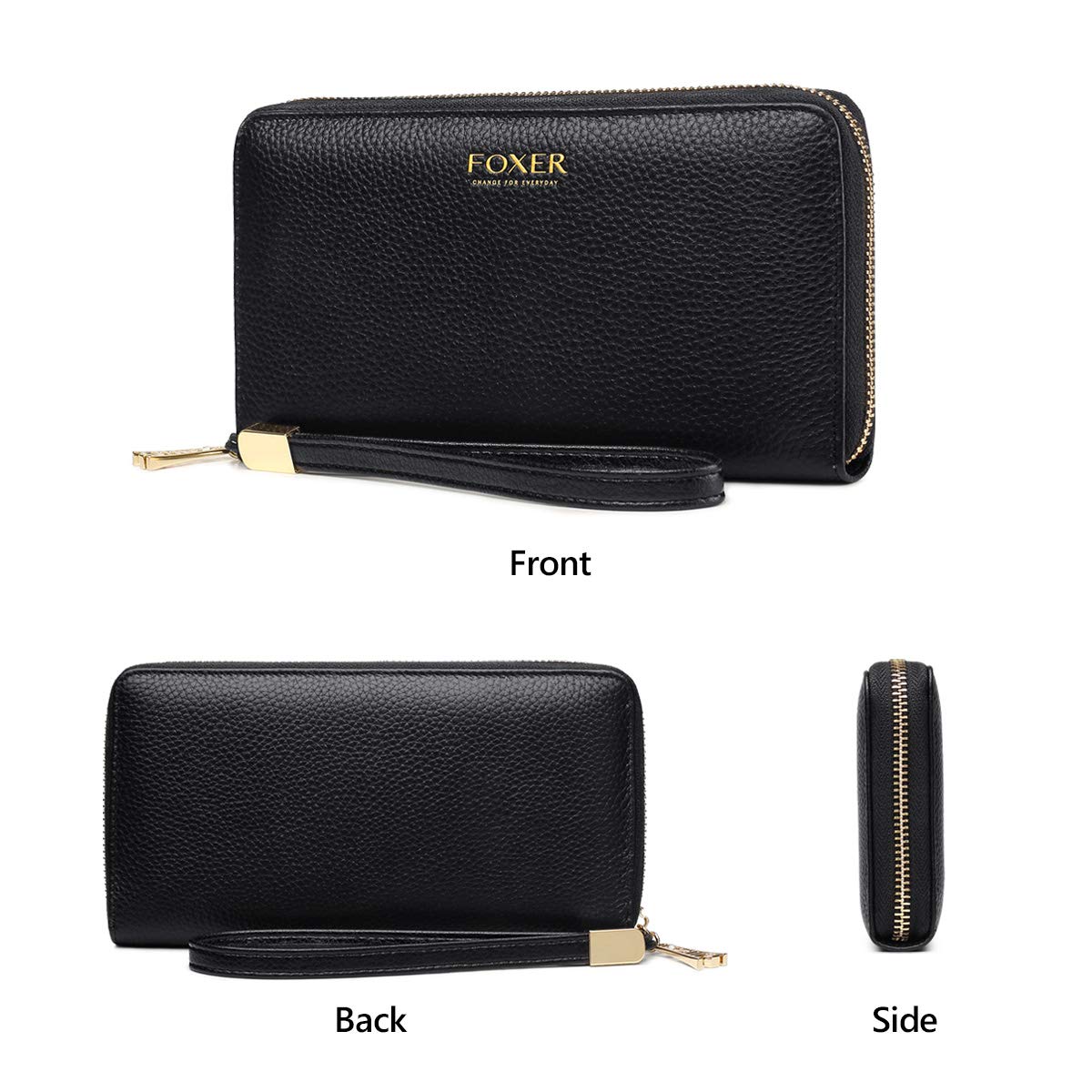 FOXER Leather Zip Around Wallets for Women, Genuine Leather RFID Blocking Gift Box Packing 17 Card Slots Ladies Long Purses with Zipper Coin Pocket Women's Clutch Wallets with Wristband (Black)