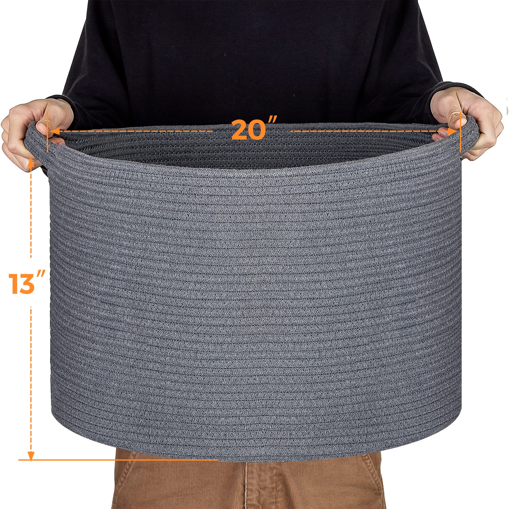 Blanket Basket - 20"x 20"x 13" Cotton Rope Basket for Living Room, Baby Toy Storage Basket, Large Woven Laundry Basket (Gray)