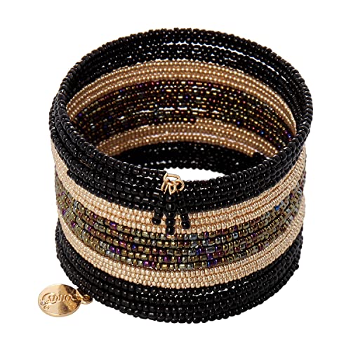 Coiris Multilayer Seed Beads Stretch Bracelets Tiny Beaded Stackable Strand Bangle for Women Girls(BR-1211-Black Gold Ancient Brown)