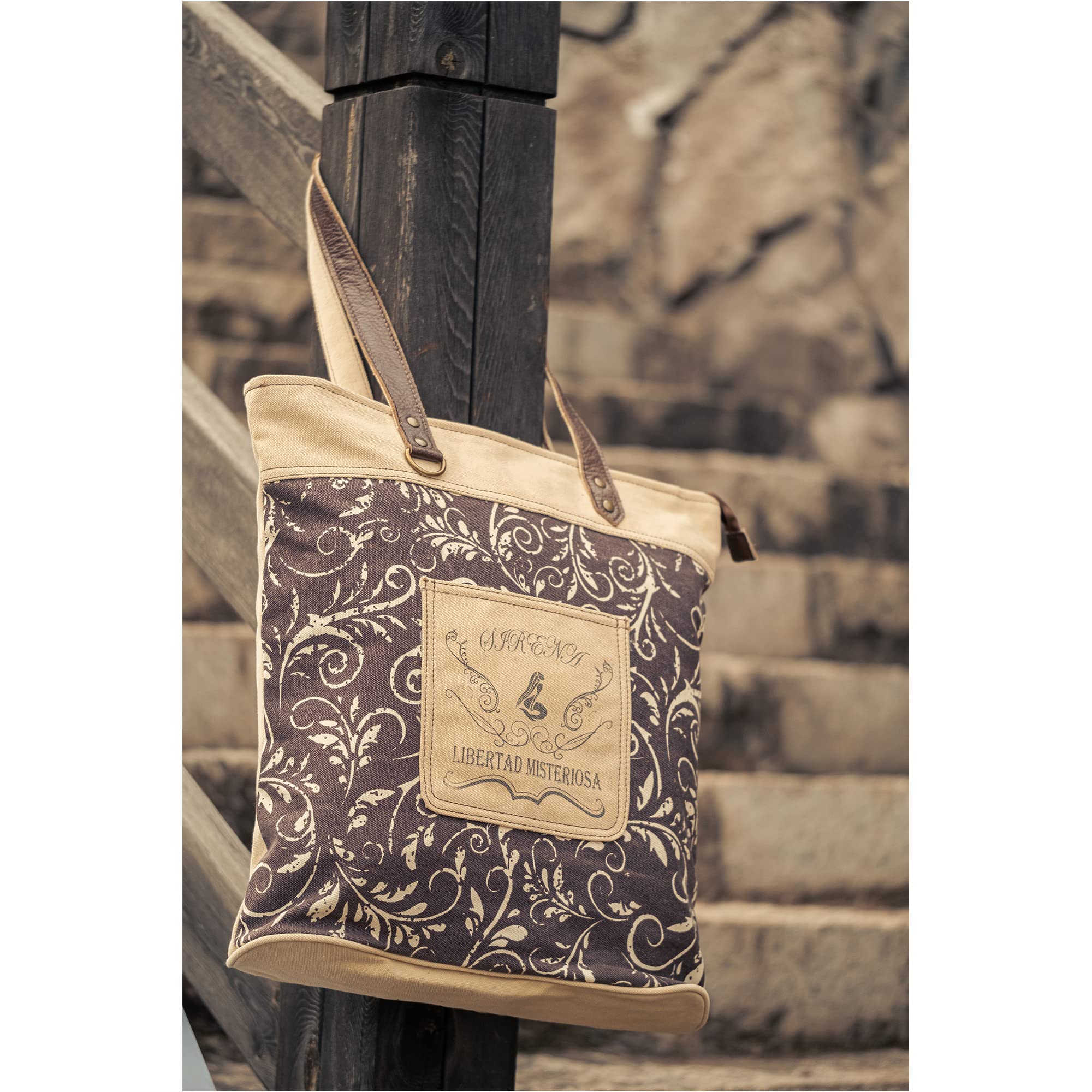 ANNGOTI Canvas & Cowhide Tote Bag for Women, Vintage Style Handmade Print Handbag with Zipper Top & Internal Pockets