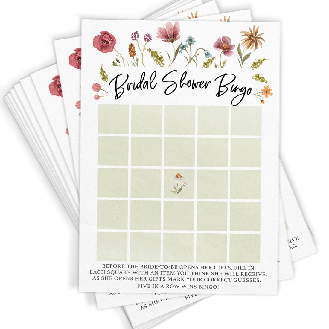 Printed Party Bridal Shower Game Set β 4 Fun Games and Activities for 30 Guests, Includes Bingo, Emoji Guessing, and Bride & Groom Trivia, Love In Bloom Wildflower Design