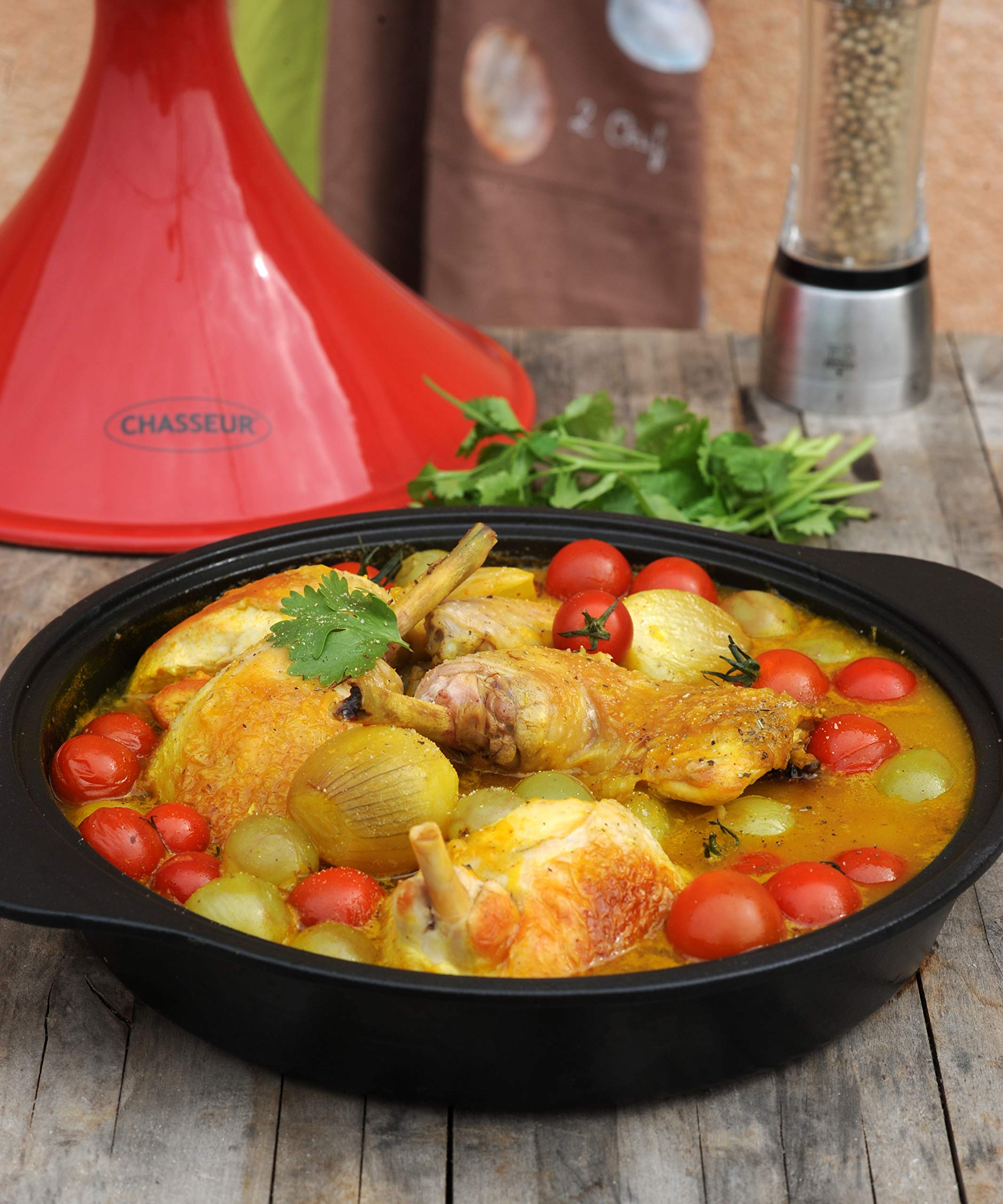 Chasseur French Enameled Cast Iron Tajine with Ceramic Cone Lid, 12-inch Diameter, Red.