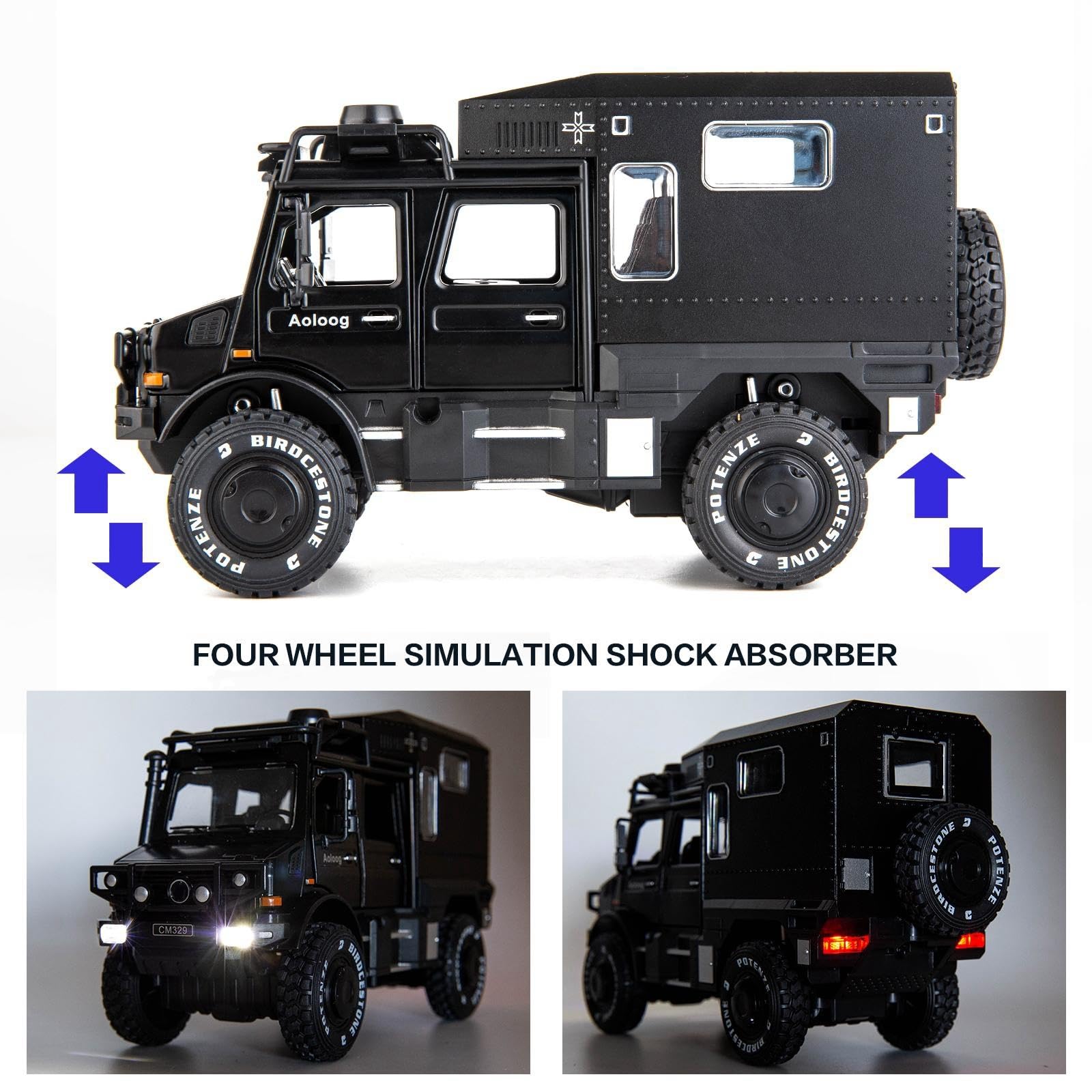 BDTCTK 1:28 Unimog Camper Model Car, Diecast Pull Back RV Toy Car with Light and Sound for Kids Boy Girl and Adult, Doors Open, Gift Black