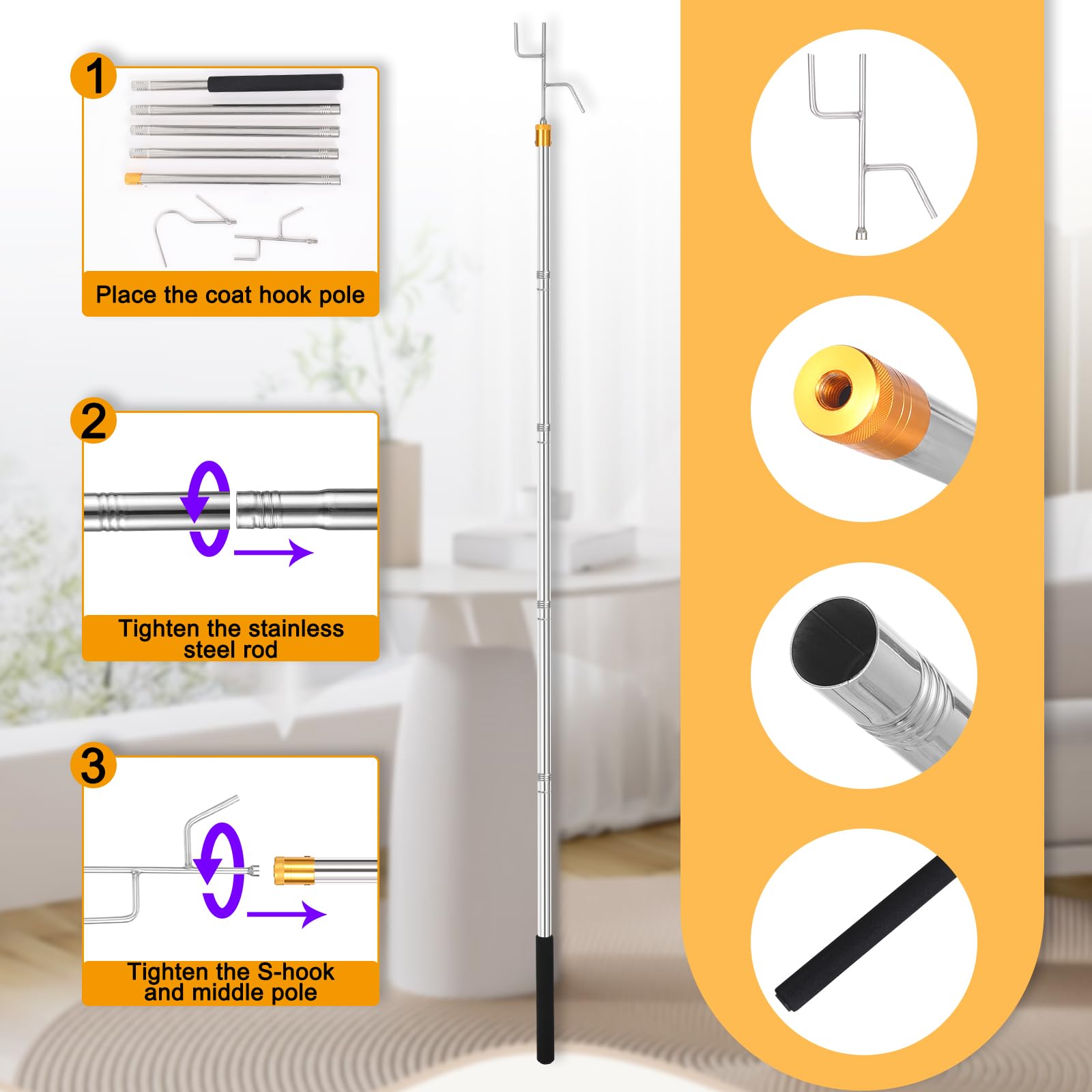 Clothes Hook Pole,29-71 Inch Adjustable Extension with Hook Bar.Suitable for Clothes Hanger Rod, Christmas light, Hanging Flowerpot Plants and Bird Feeder, Tent Shelter Camper Canopy (with two hooks)