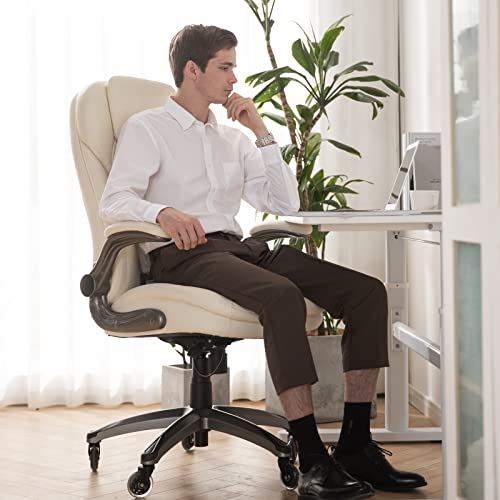 COLAMY 6686 High Back Executive Ergonomic Computer Desk Padded Flip-up Arms, Thick Bonded Soft Leather, Modern Office Chair with Upgraded Casters for Swivel Rolling (Ivory, 300lbs)