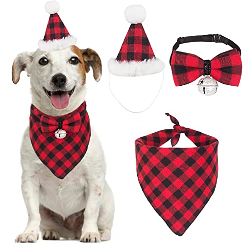Dog Christmas Bandana Outfit Hat Bow tie Set, Pet Classic Plaid Scarf Triangle Bibs Costumes, Puppy Kerchief Apparel with Bell Decoration Accessories for Small Medium Large Dogs Cats (Red)