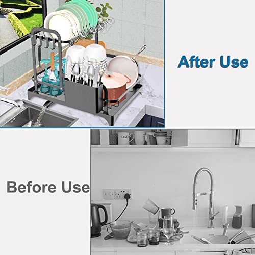 Dish Drying Rack Drainboard Set - with Swivel Spout, 2 Tier Large Capacity Rustproof Dish Rack with Cups Holder, Utensil Holder, Cutting Board Rack, 4 Hooks, Dish Drainer for Kitchen Counter