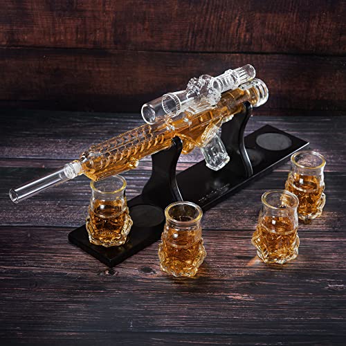 Blaster Force Gun Whiskey & Wine Decanter Set Glasses - Energized Particle Weaponry Elegant Decanter 24" - 4 Trooper Shot Glasses & Mahogany Wooden Base The Wine Savant (20 OZ) Gifts for Dad