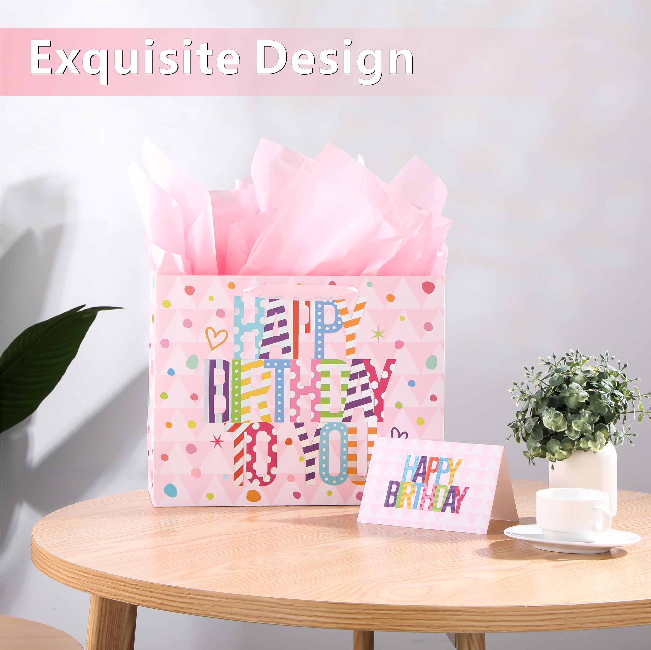 Bobobag 13" Large Gift Bag with Tissue Paper and Greeting Card ,Happy Birthday gift bags for Girls