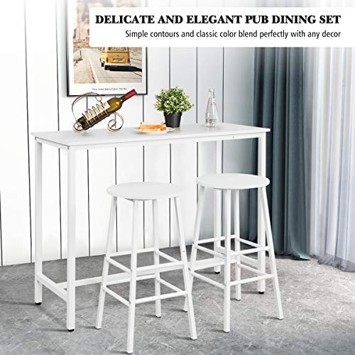 COSTWAY 3-Piece Pub Table Set, Bar Table with 2PCS Backless Bar Stools, Fashionable Simple Style, Kitchen Counter Height Dining Design, Breakfast Table Set for Kitchen, Restaurant, Small Space (White)
