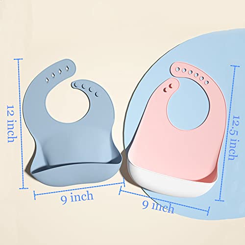 Eimmabey Silicone Bibs for Babies and Toddlers 2 Sets Feeding Bibs for Boy and Girl, Adjustable Soft Waterproof Bibs with Food Catcher Dinosaur