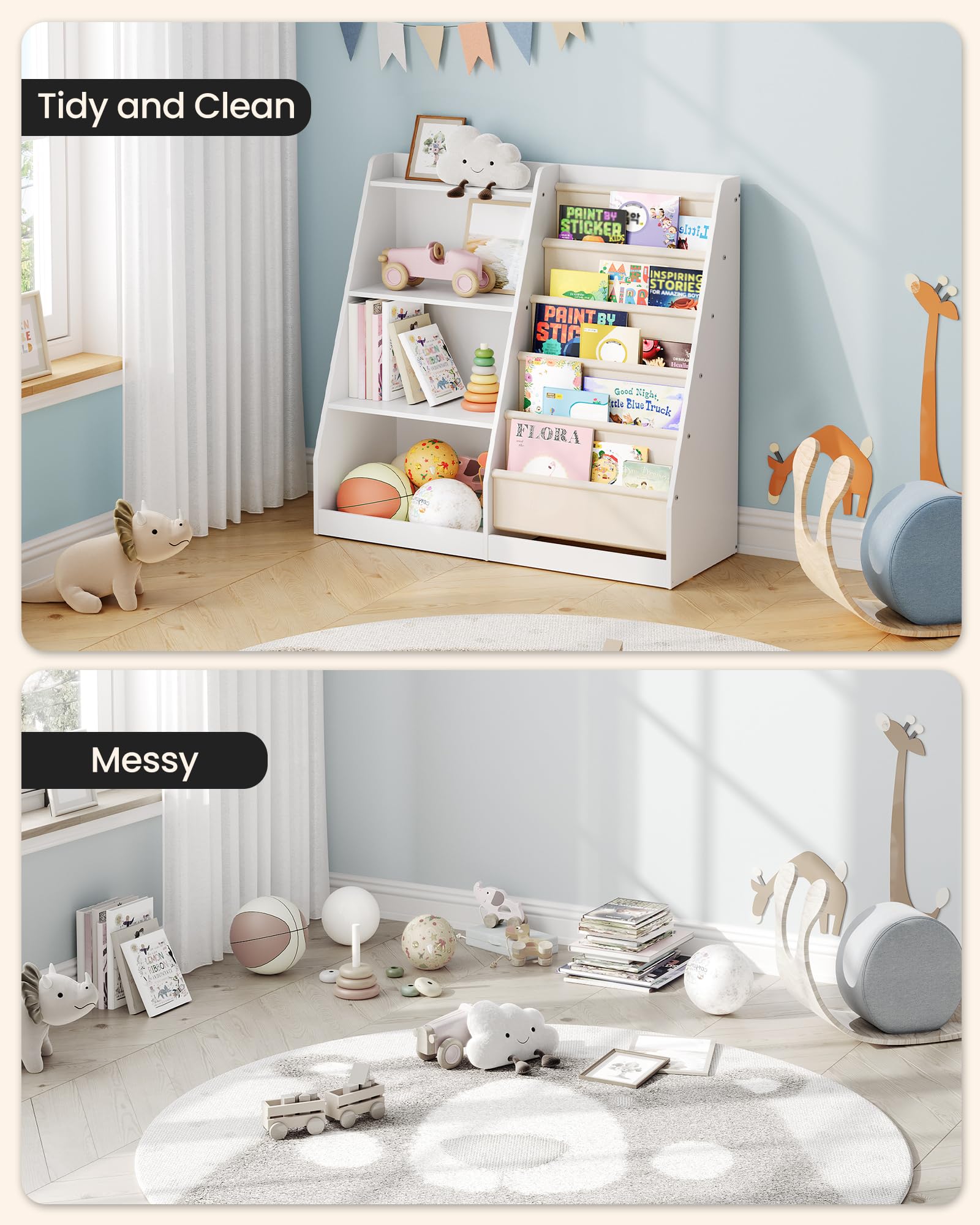 CHOEZON 4-Tier Kids Bookshelf and Toy Storage, 6 Layer Fabric Toddler Bookshelf, Kids Toy Storage Organizer, Sling Kids Bookcase, for Playroom, Bedroom, Nursery, Classroom, White MCW05WT