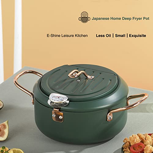 Deep Fryer Pot by E-Shine Leisure Kitchenware, Japanese Style Tempura Deep Fryer with Fahrenheit Thermometer, Small and Easy Clean, Vintage Green, DIAM. 9.5β