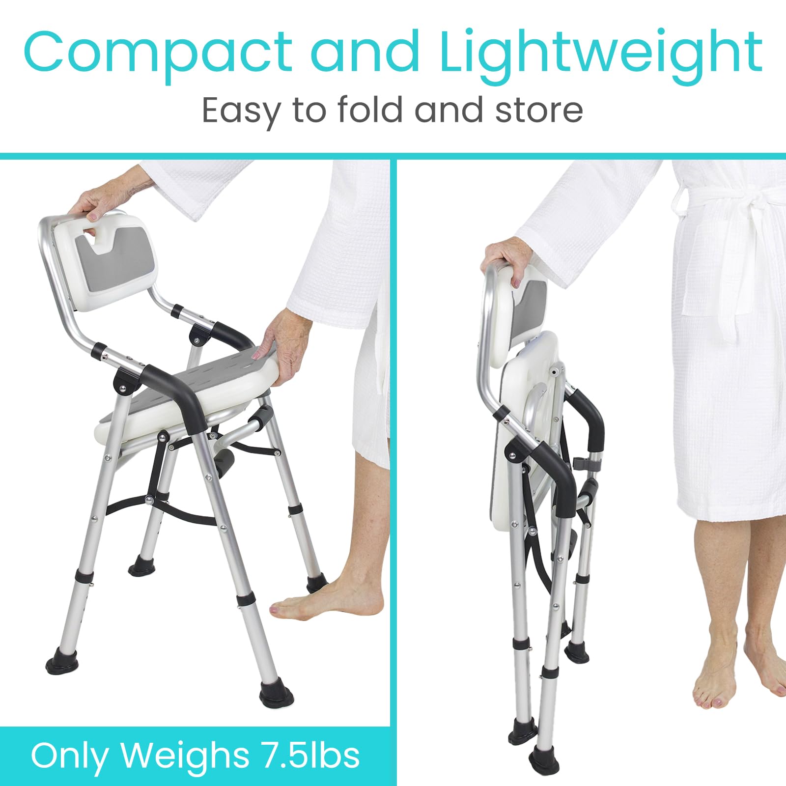 Vive Shower Chair For Elderly And Disabled - Folding Seat With Arms And Back - Foldable Bathroom Chairs For Sitting, Inside Shower - Portable For Travel - Fold Down, Collapsible, Compact & Comfortable