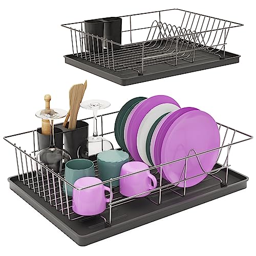 Compact Dish Rack - Sink Drying Rack, Dish Drainer for Kitchen, Stainless Dish Drying Rack Over The Sink, Space Saving Kitchen Sink Rack w/Removable Drip Tray Utensils Holder