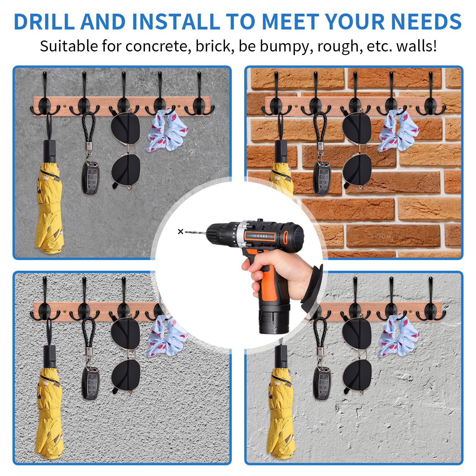 Coat Rack Wall Mounted, Entryway Wall Clothes Rack Hooks with 5 Heavy Duty Metal Three Hooks, Wooden Coat Hooks Wall Mount with 2 Mounting Types for Hanging Jacket, Backpack, Towel, Keyholder, Hats