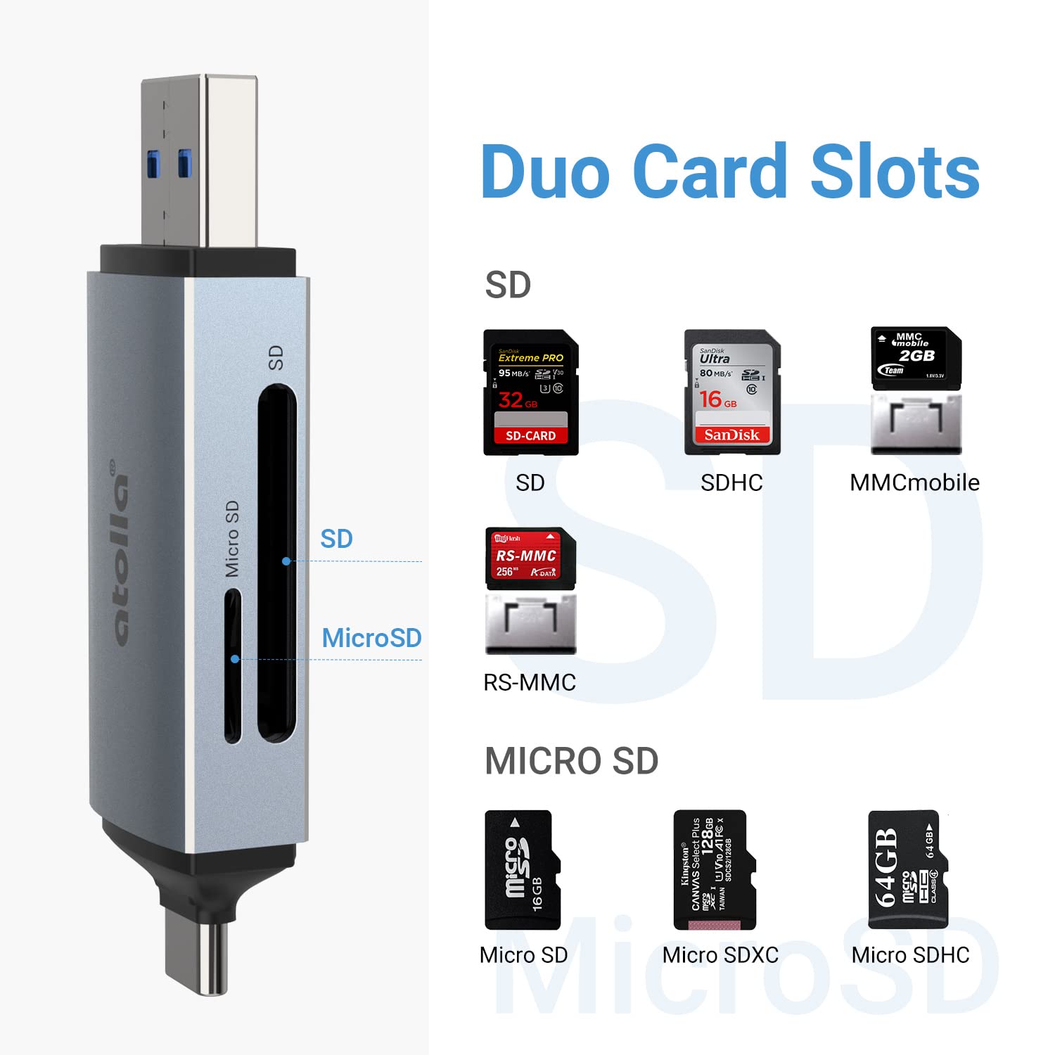 atolla SD Card Reader, Memory SD Card Reader USB C+USB 3.0, Supports SD/MMC/SDHC/MicroSD/SDXC, Compatible for MacBook Air/Pro, iPad Pro 2020, Samsung Galaxy S21, Dell XPS and More
